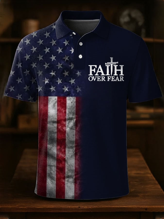 Men'S FAITH OVER FEAR Cross Print Casual Polo Shirt
