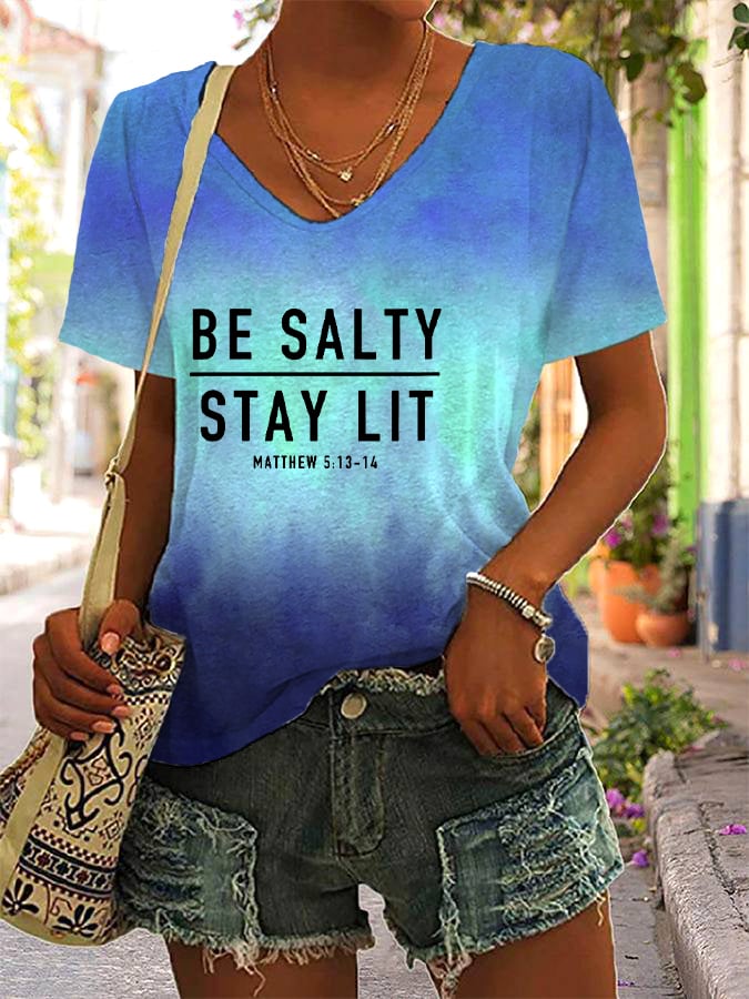Women's Be Salty And Stay Lit Printed V-Neck T-Shirt