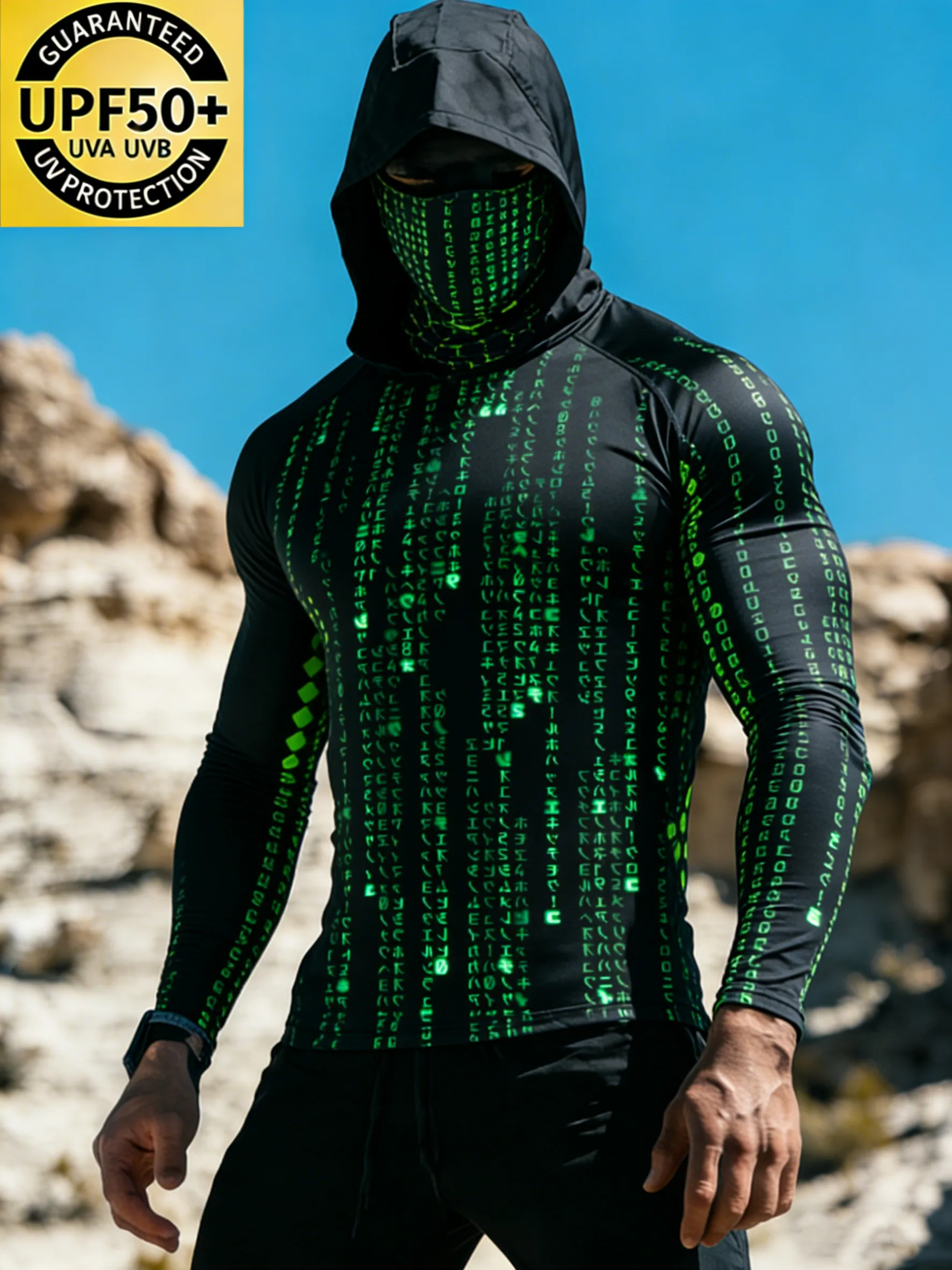 Men's Black Hacker Code Glow Sun Protection Print Top