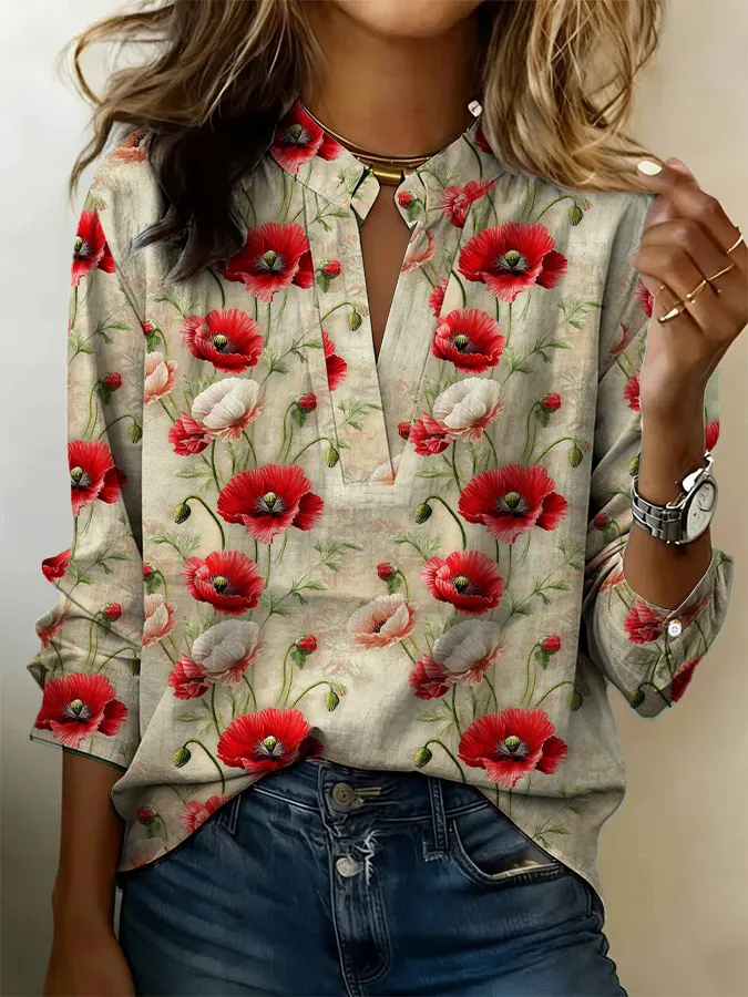 Women's Vintage Poppy Flower Print Art Shirt