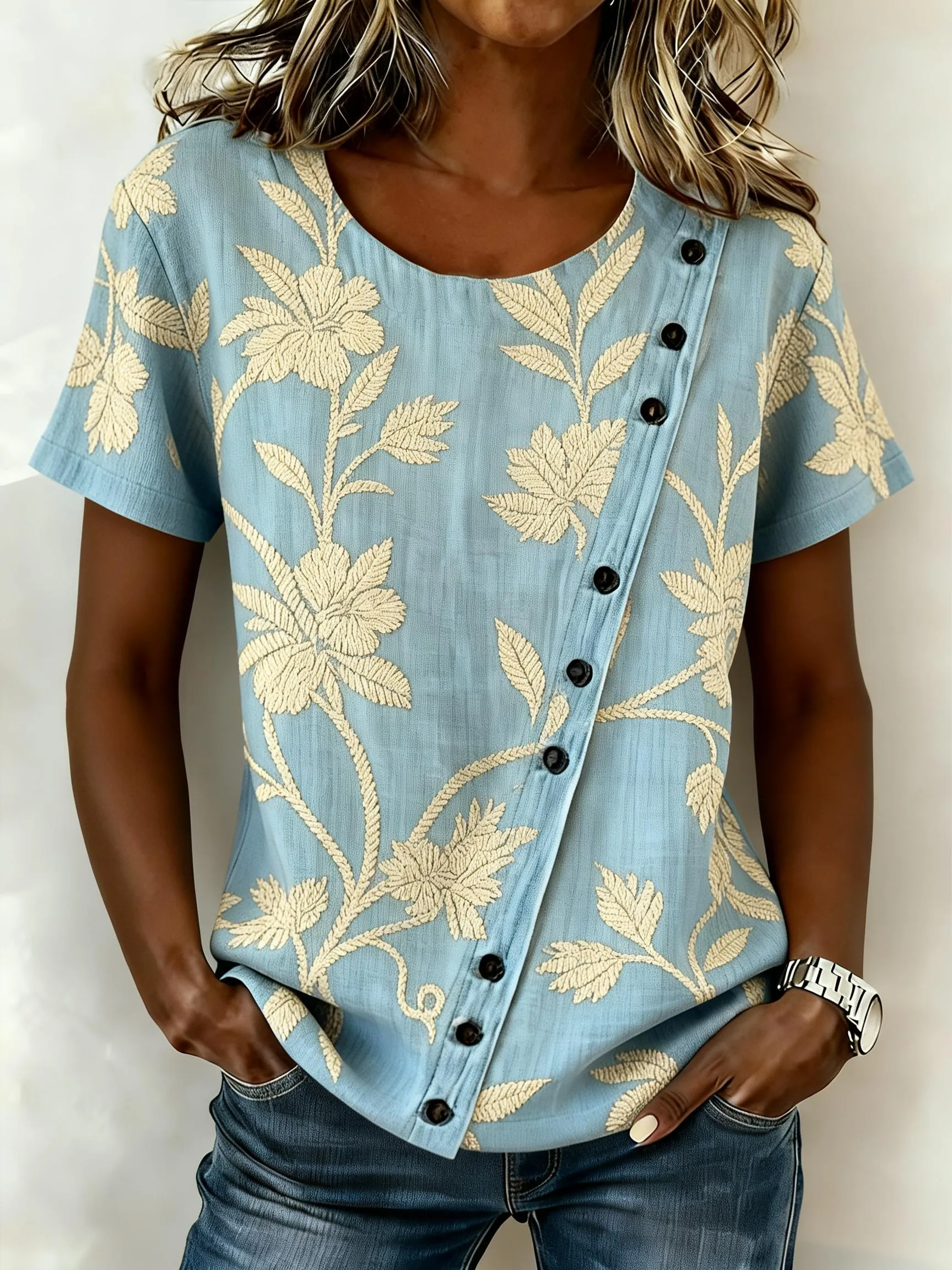 Women's Casual Color Block Print Short-Sleeve Top